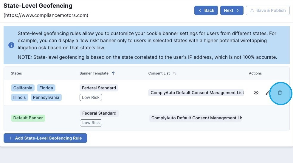 Adding or Removing State-Level Geofencing to a Cookie Banner